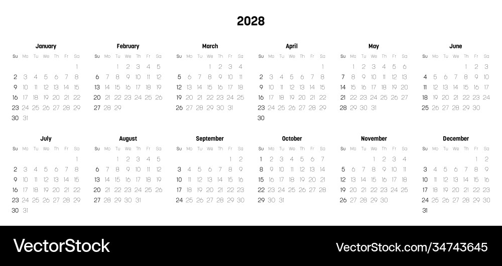 Monthly calendar year 2028 Royalty Free Vector Image
