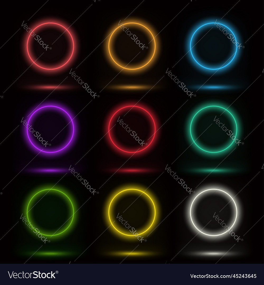 Neon circles in set various colors glow Royalty Free Vector