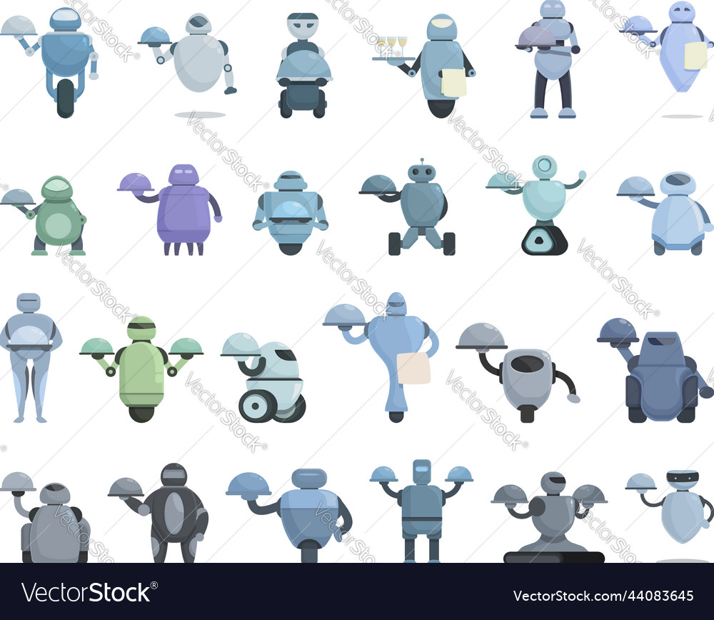 Robot waiter icons set cartoon domestic service Vector Image Robot waiter icons set cartoon domestic service Vector Image