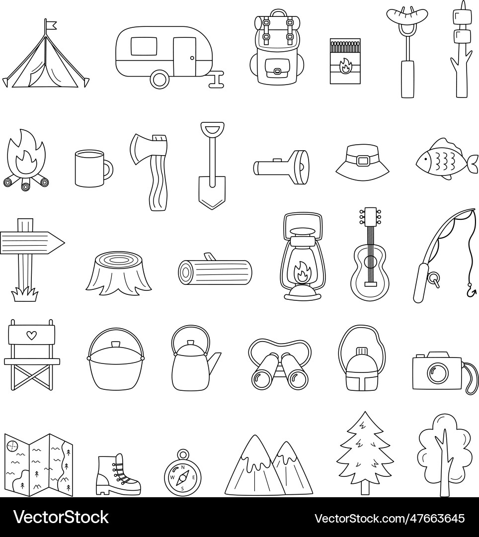 Set of flat camping elements for creating logos Vector Image