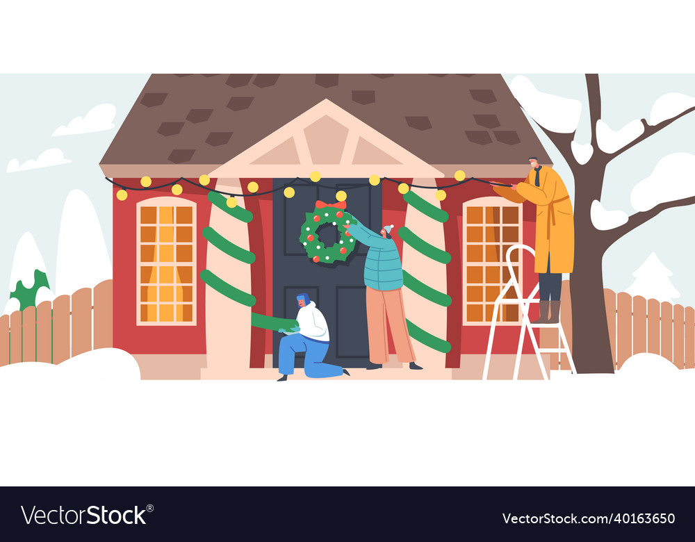 Happy family decorate house for christmas Vector Image