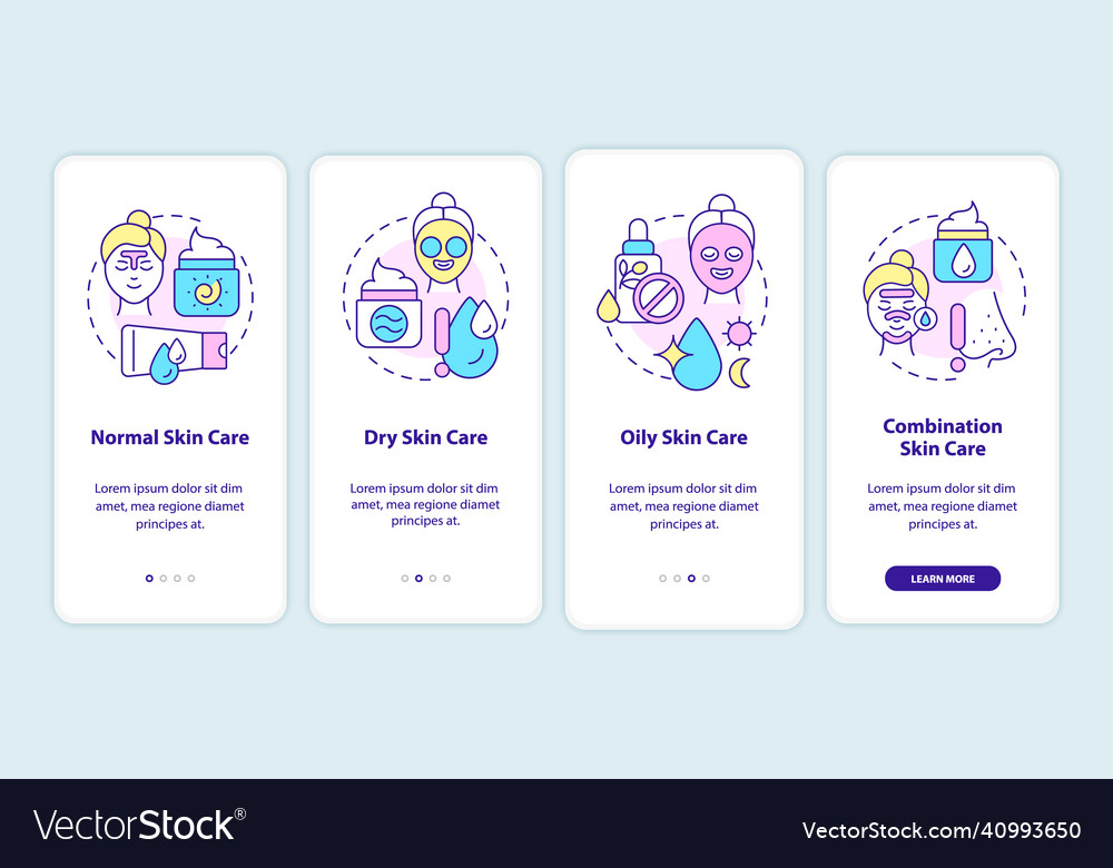 Skin types care onboarding mobile app screen Vector Image Skin types care onboarding mobile app screen Vector Image