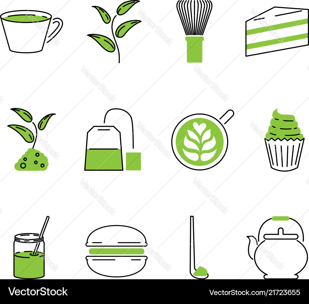 Traditional matcha tea outline icons set Vector Image