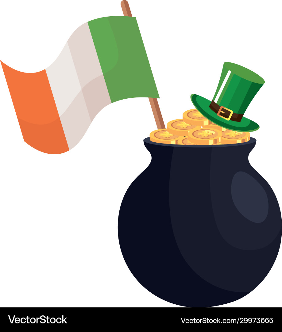 Cauldron with flag irish and top hat leprechaun Vector Image