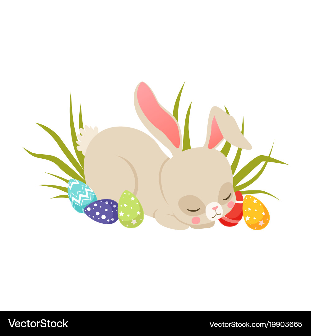 Cute cartoon bunny sleeping on grass among Vector Image