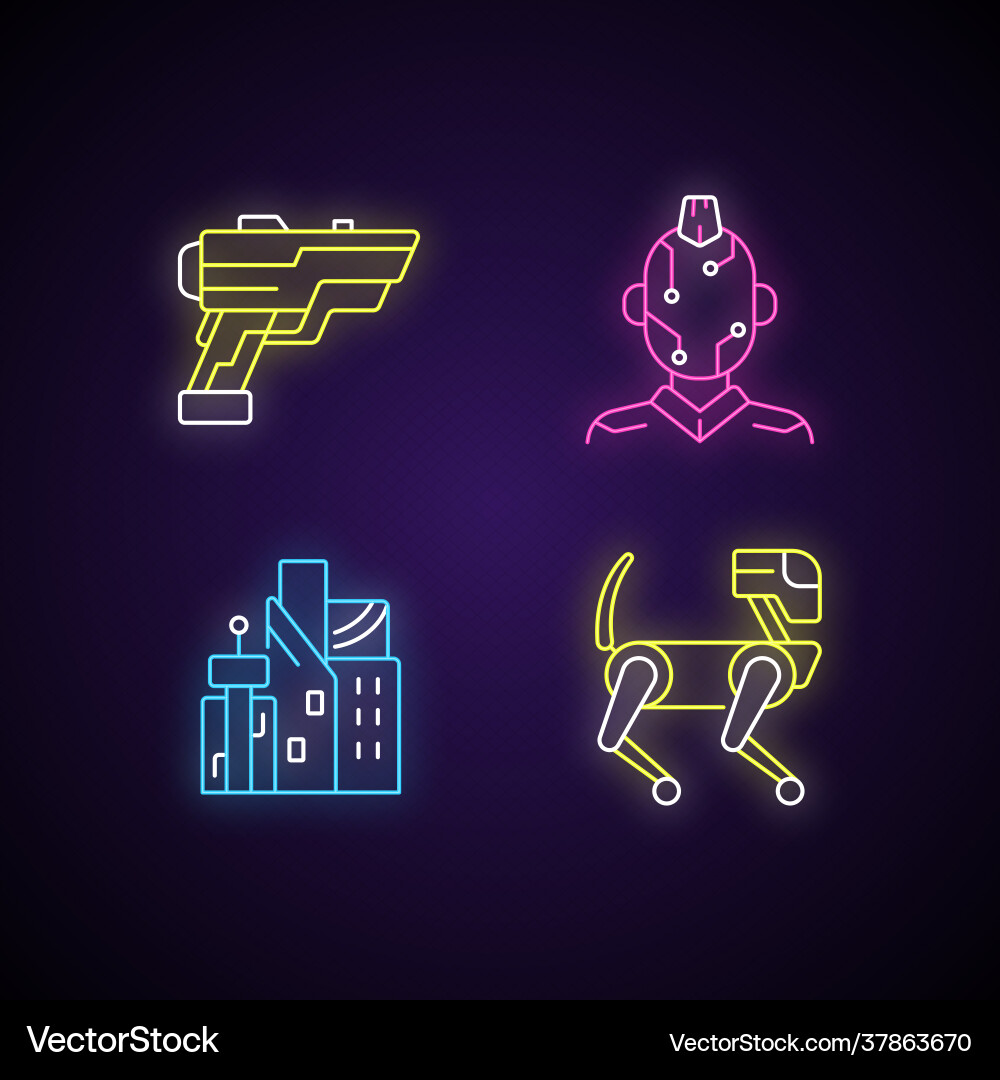 Cyberpunk items neon light icons set Royalty Free Vector