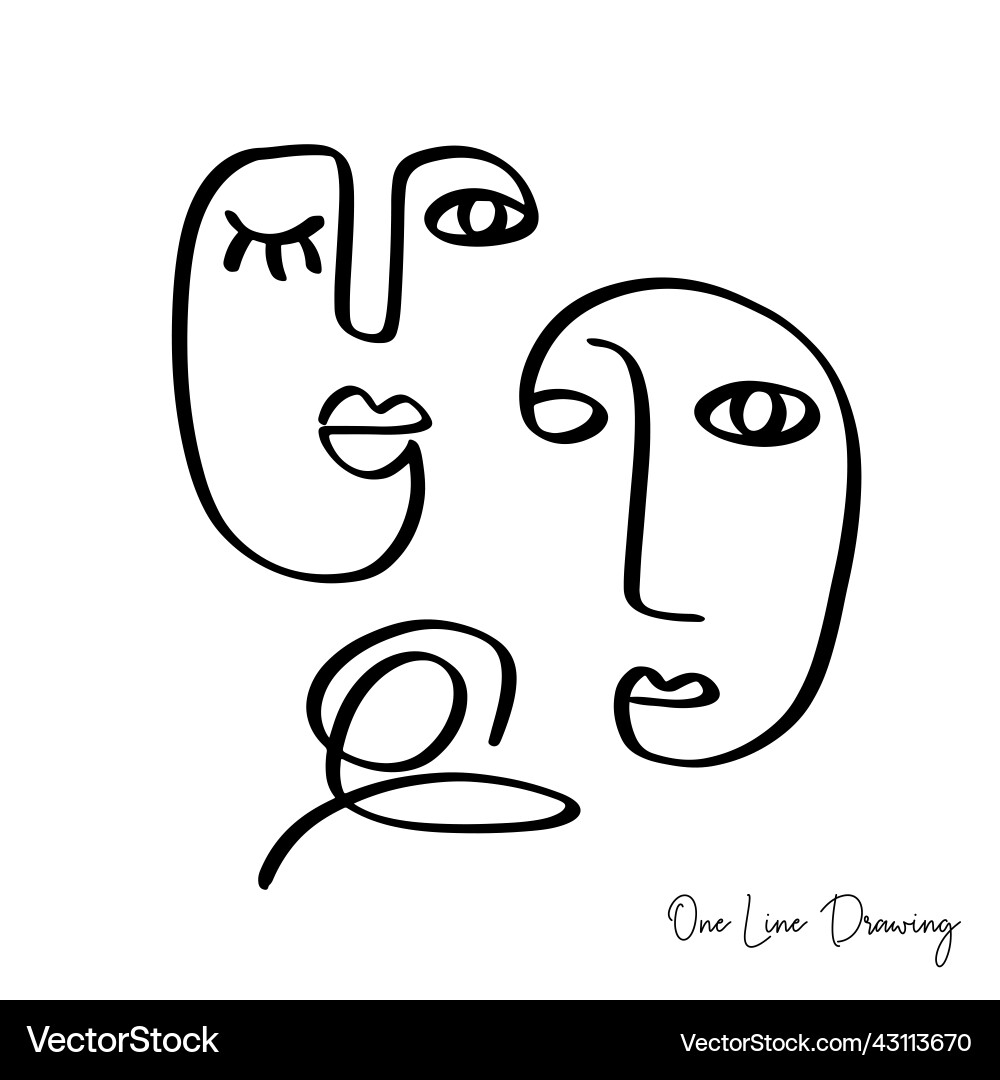 Hand drawn one line couple people faces Royalty Free Vector