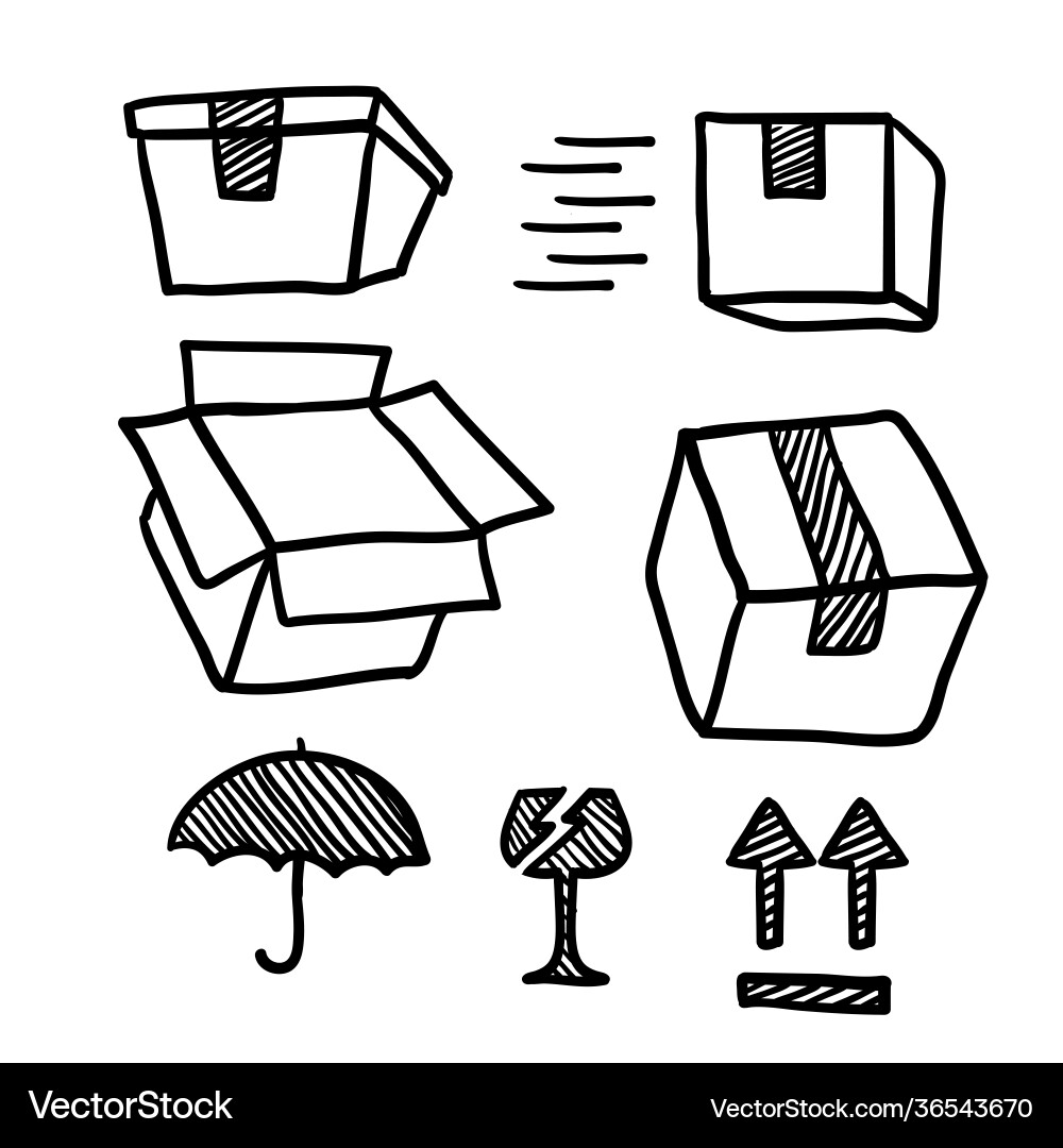 Hand drawn shipping box icon set in doodle Vector Image