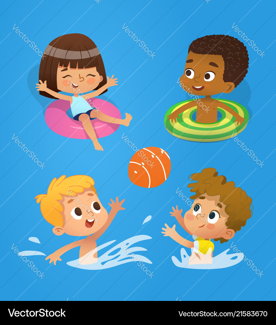 Pool character multiracial children have fun in Vector Image