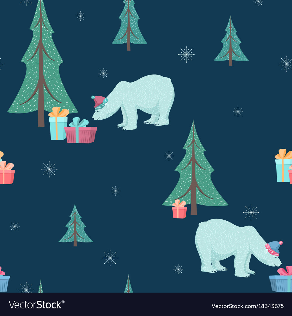 Christmas tree polar bear gifts seamless pattern Vector Image