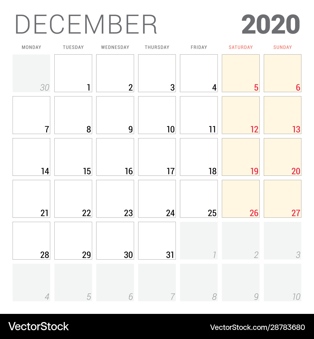 Calendar planner for december 2020 week starts Vector Image