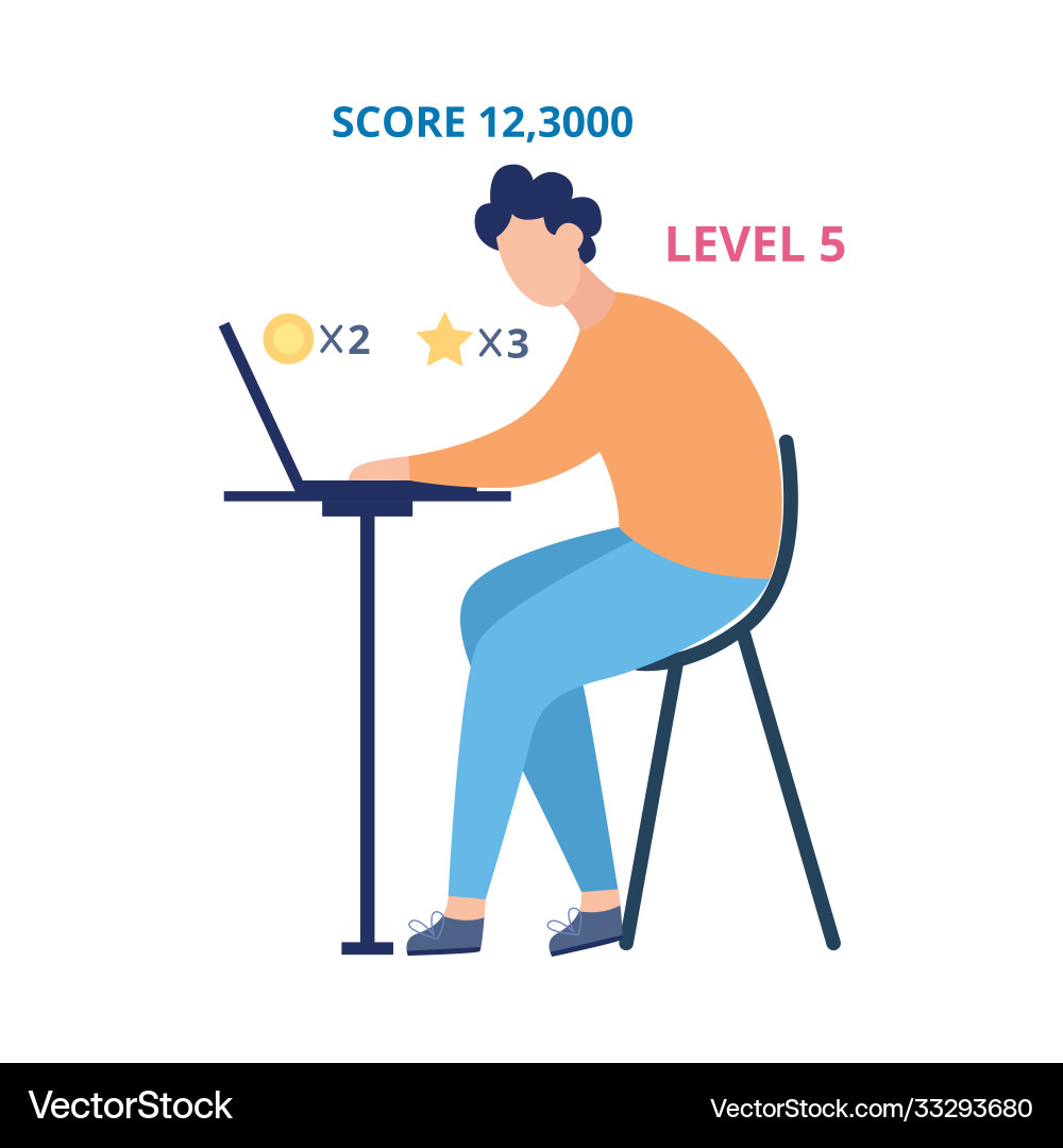 Online gamer man character sitting at table flat Vector Image