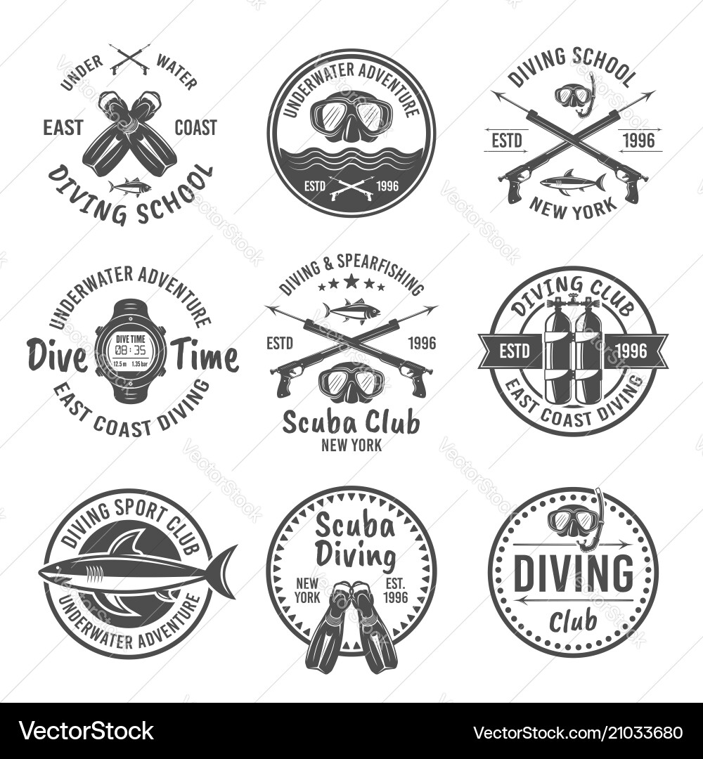 Scuba diving and spearfishing black emblems Vector Image
