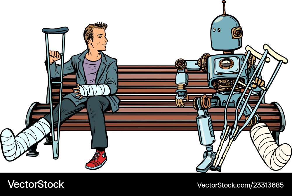 A robot and a man with broken legs with crutches Vector Image