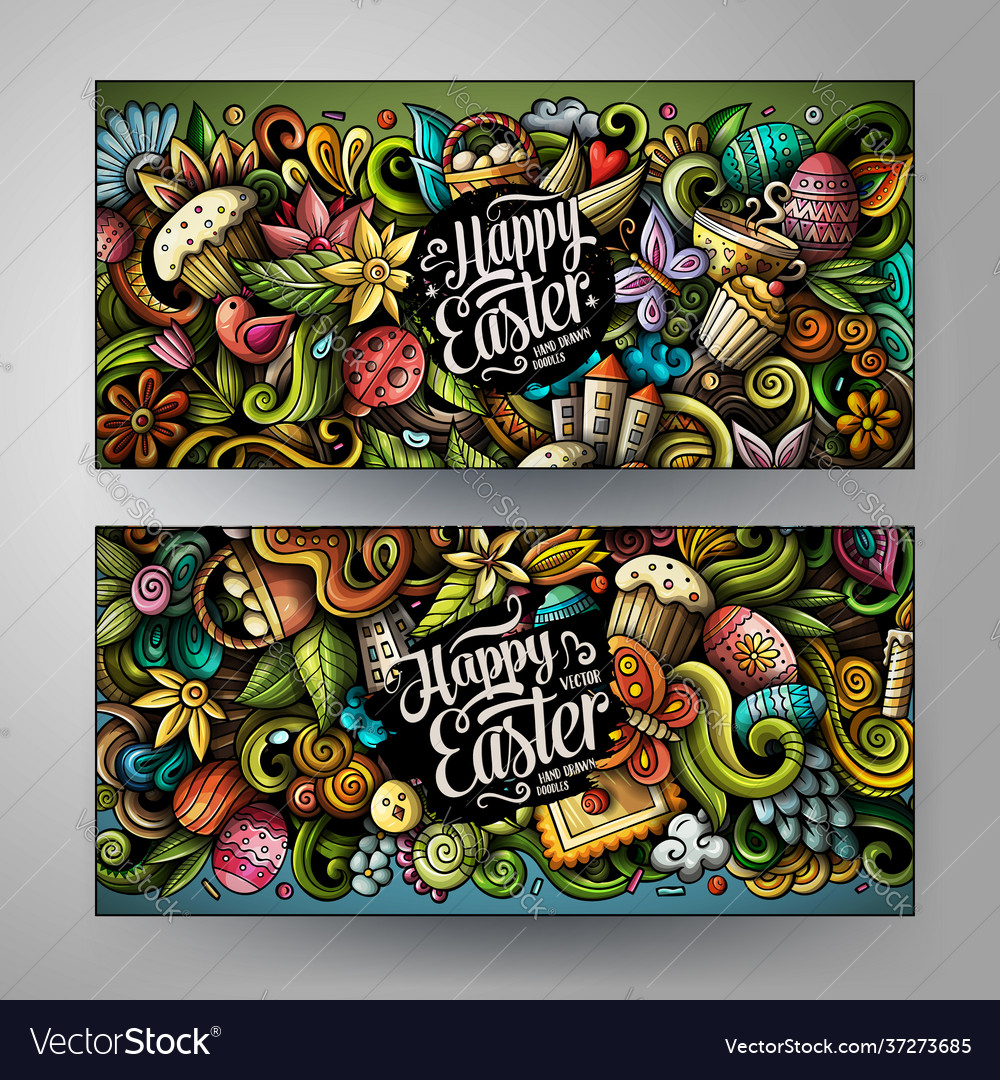 Cartoon cute colorful doodles happy easter banners