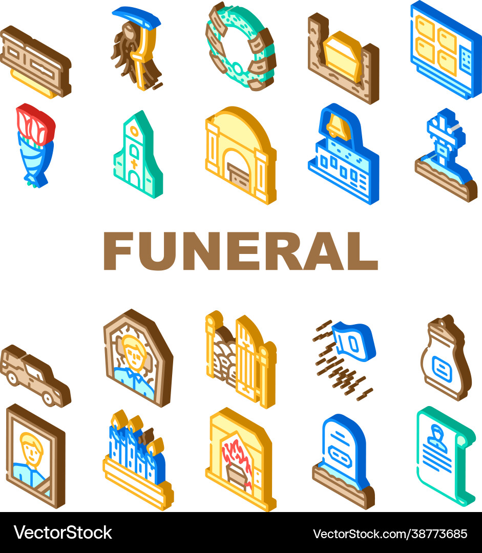 Funeral dead ceremony collection icons set Vector Image