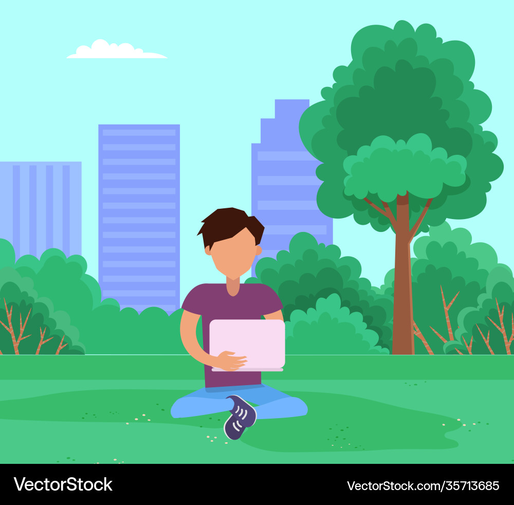 Man sitting on grass in park and working Vector Image