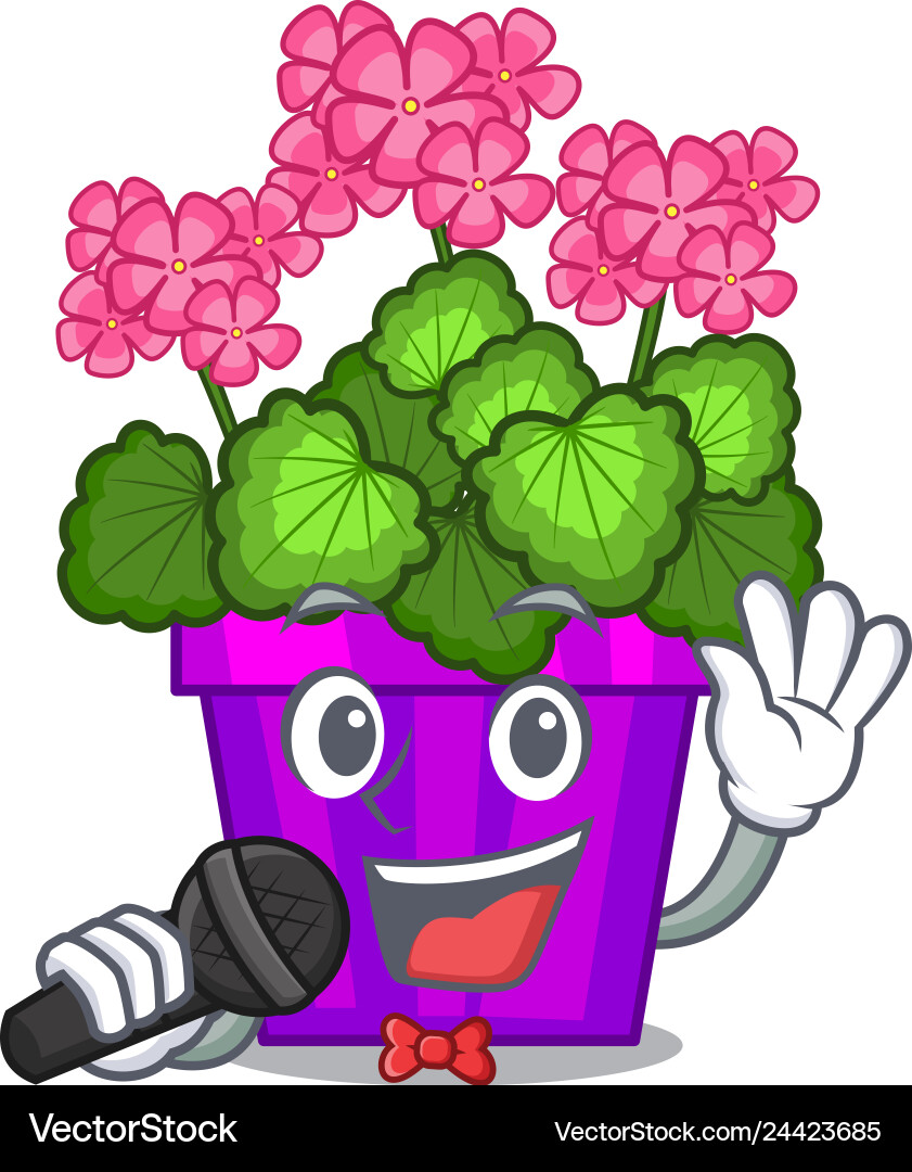 Singing geranium flowers in cartoon pot Royalty Free Vector