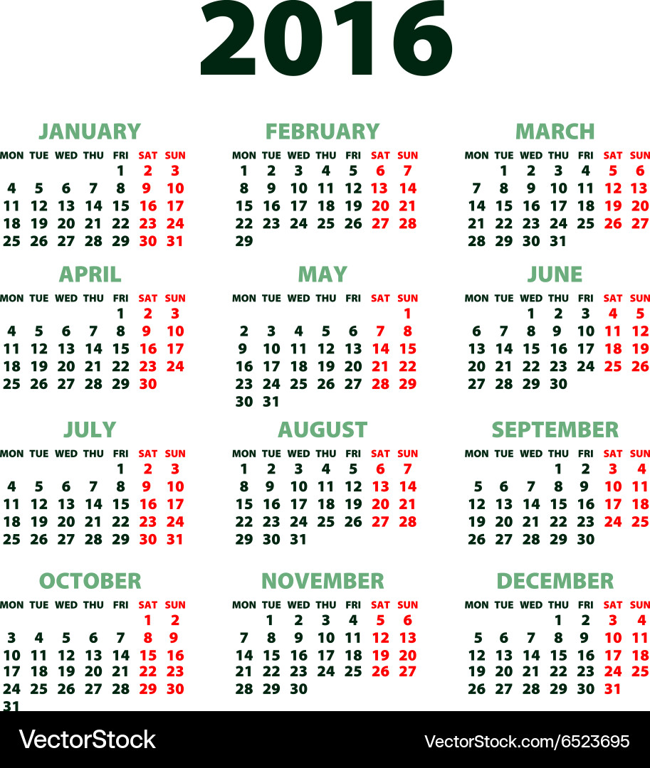 Calendar for 2016 on white background week starts Vector Image