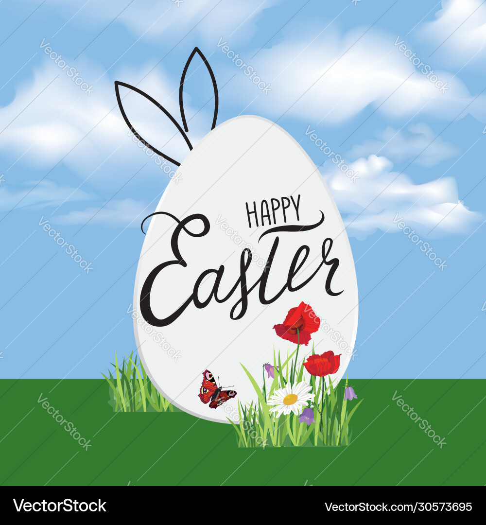 Happy easter greeting card easter egg over field Vector Image