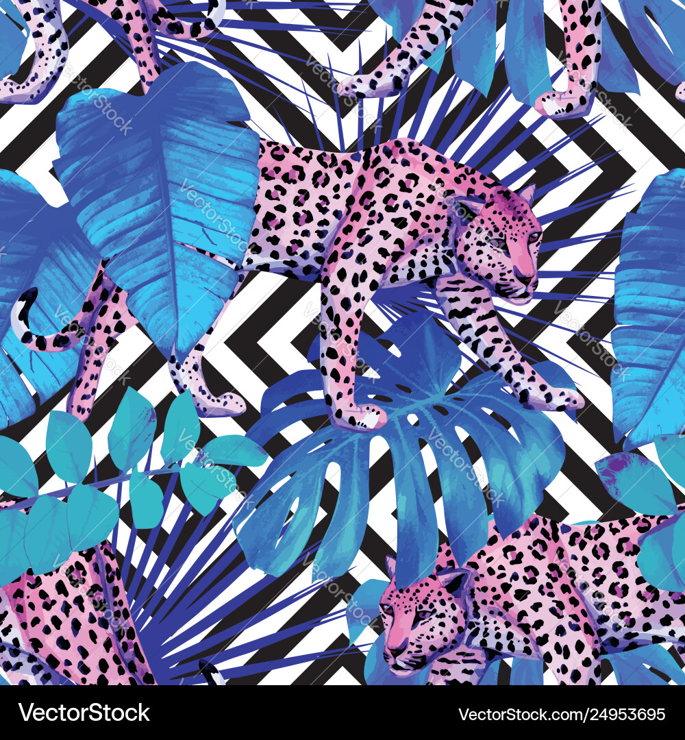 Leopard and tropical plants geometric black and Vector Image