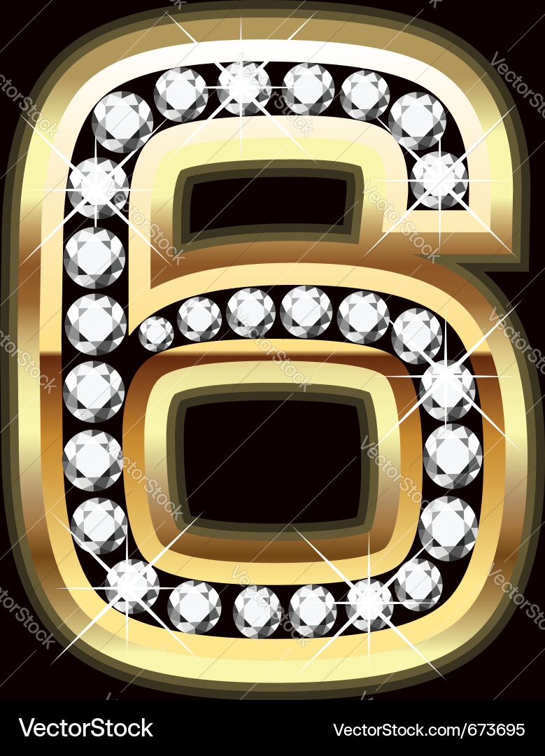 Number six bling gold and diamonds Royalty Free Vector Image