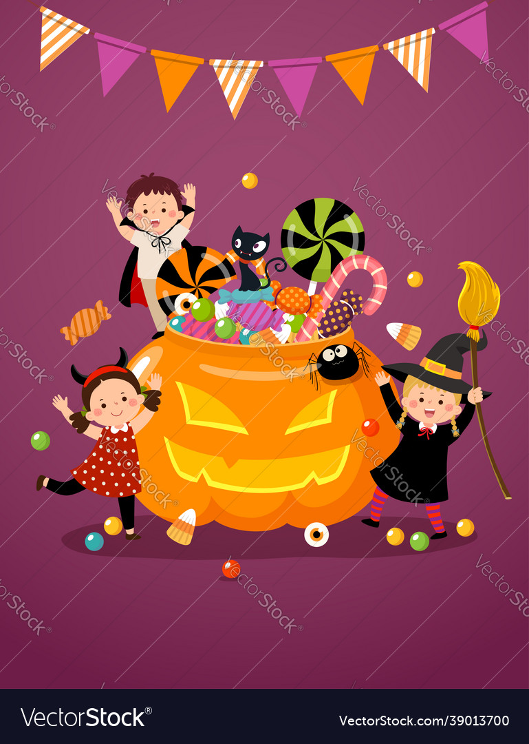 Happy kids in halloween costumes and pumpkin Vector Image