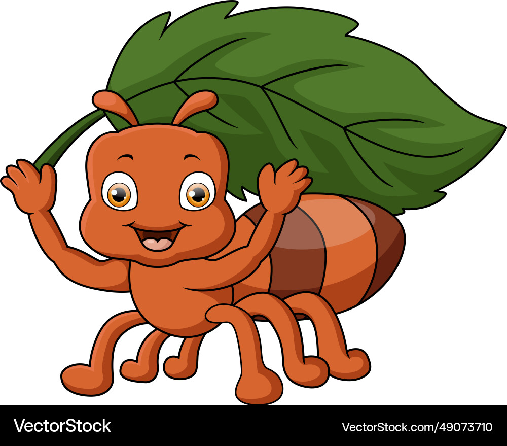 Cute ant cartoon holding green leaf Royalty Free Vector