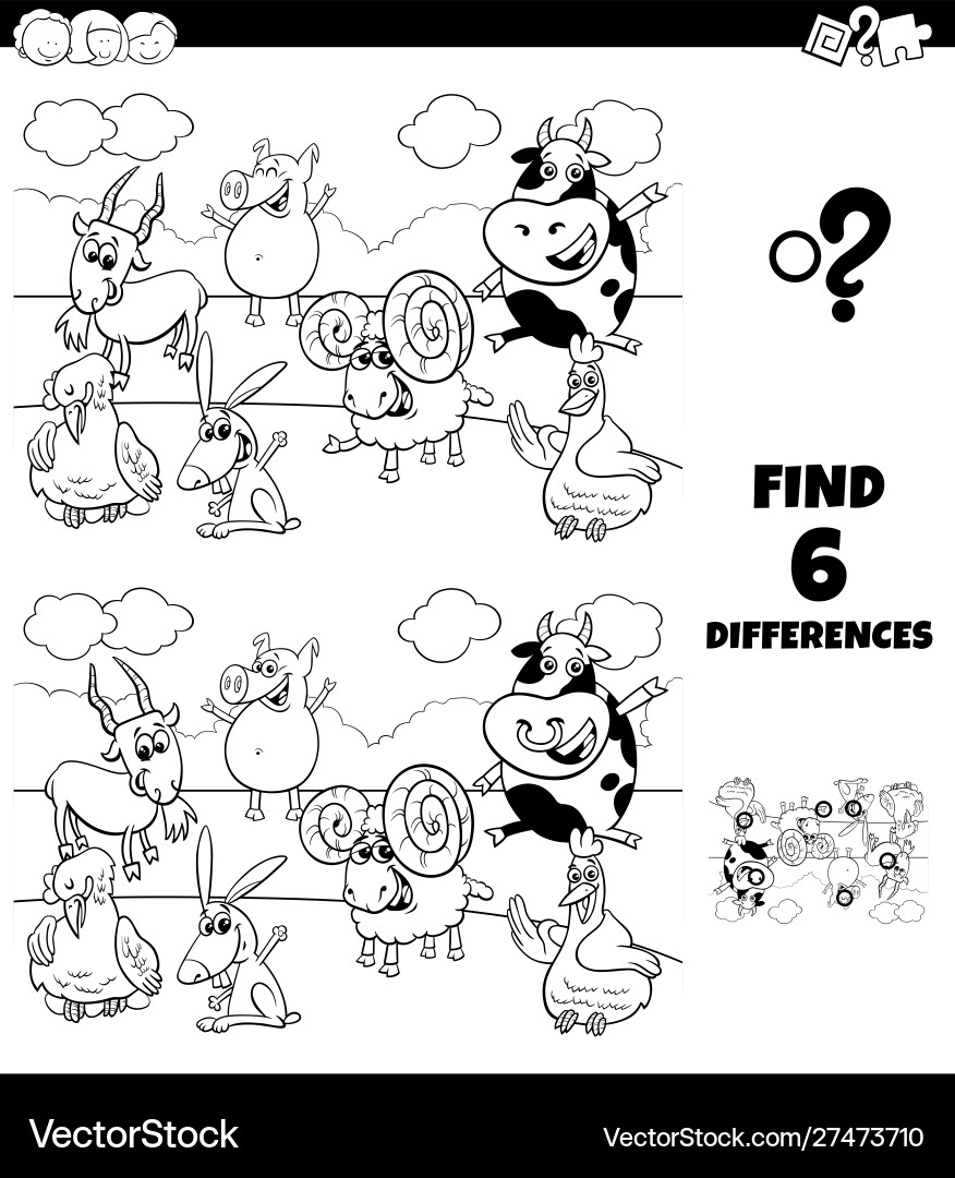 Differences coloring task with farm animal Vector Image
