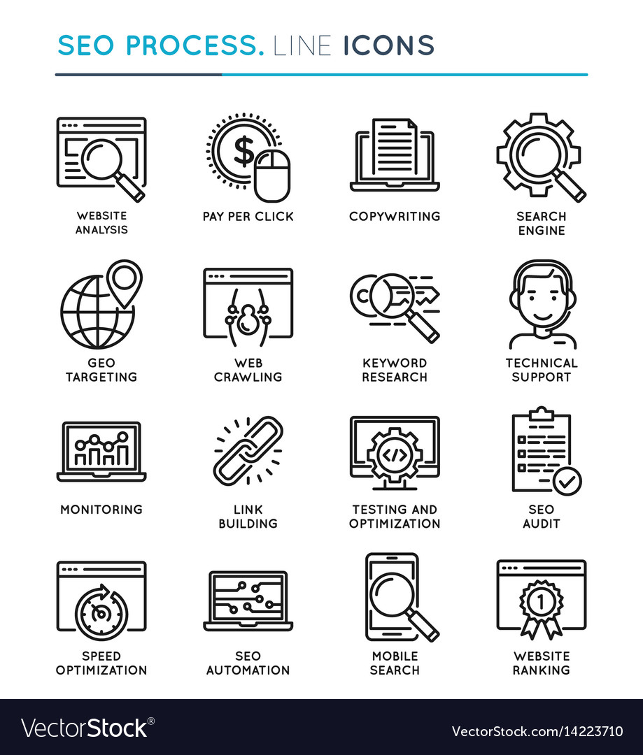 Seo search engine optimization process thin line Vector Image