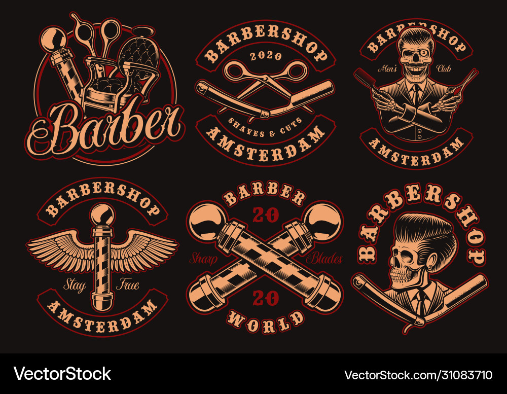 Set vintage barbershop emblems on a dark Vector Image