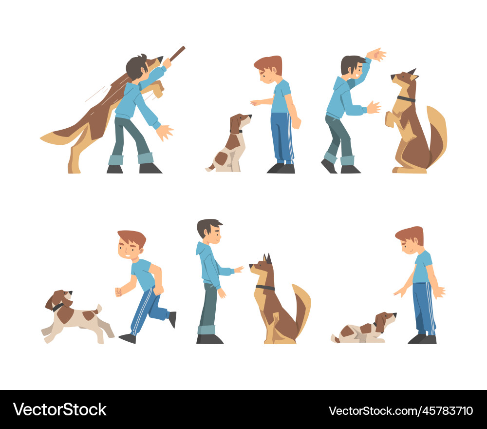 Young boy training his dog teaching him sitting Vector Image