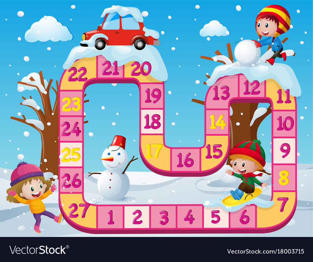 Boardgame template with kids in snow Royalty Free Vector