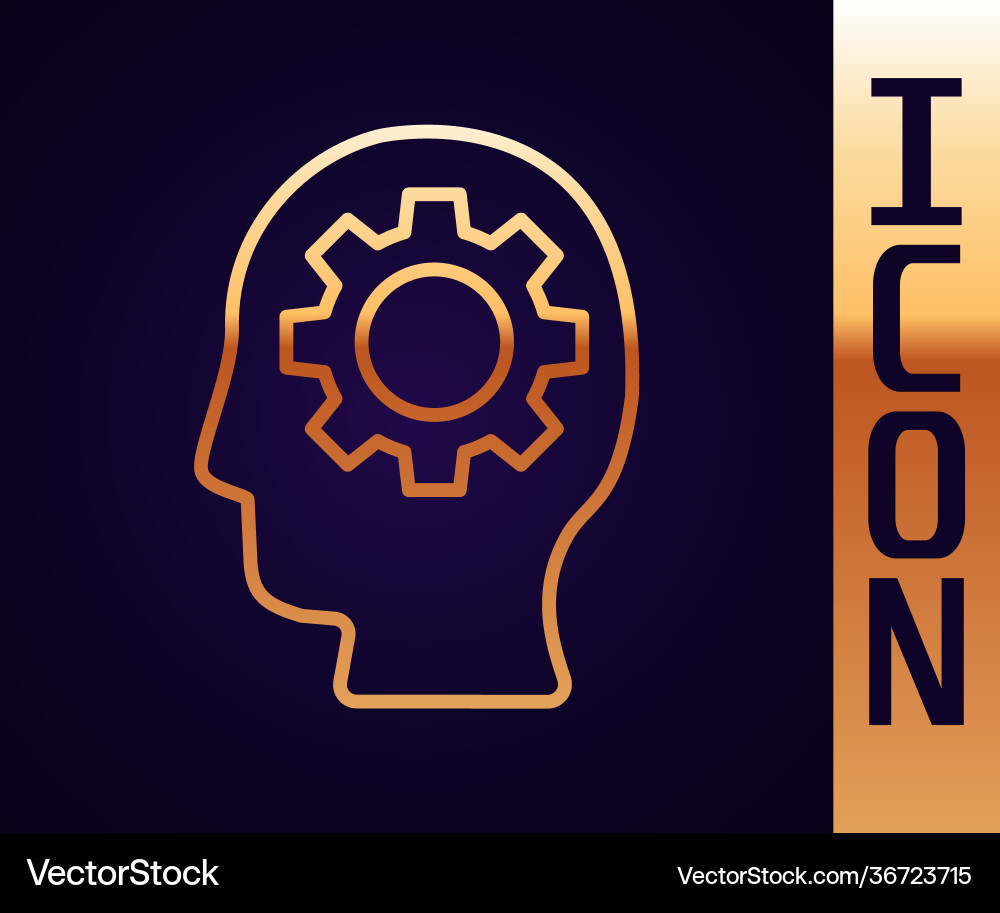 Gold line human head with gear inside icon Vector Image