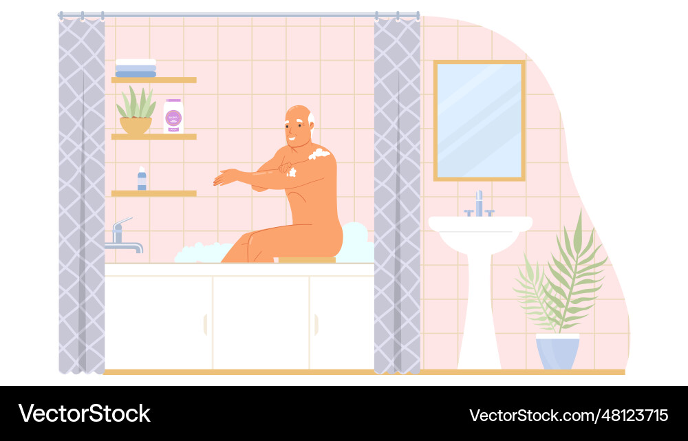 Old man washing body with shampoo gel taking bath Vector Image