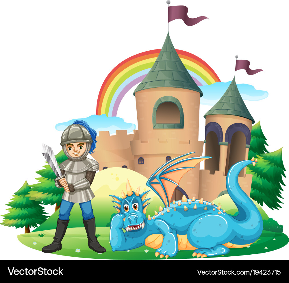 Scene with knight and blue dragon Royalty Free Vector Image