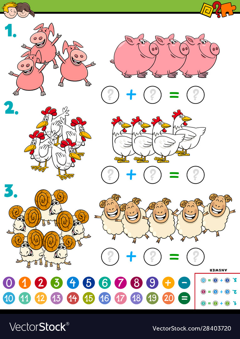 Maths addition educational task with farm animals Vector Image