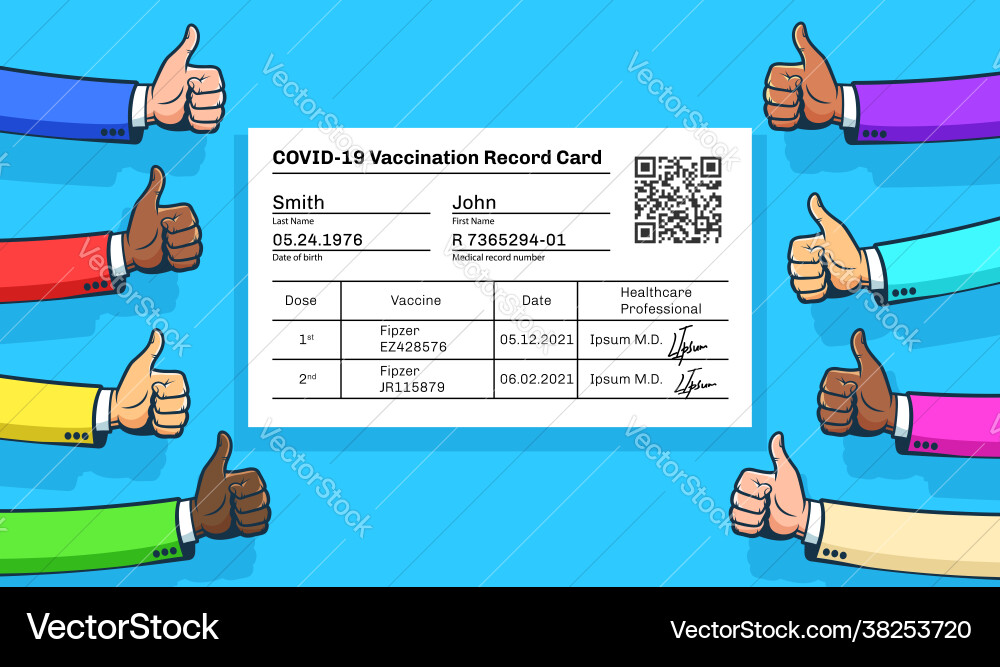 Vaccination record card with thumbs up Royalty Free Vector