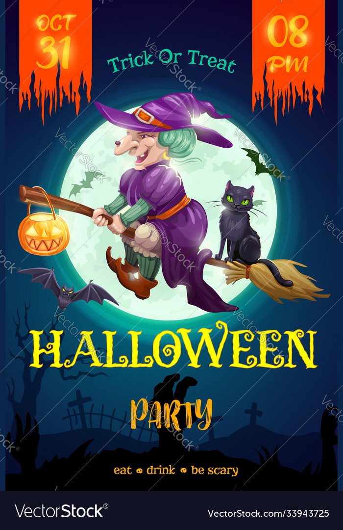 Halloween party flyer witch on broom Royalty Free Vector