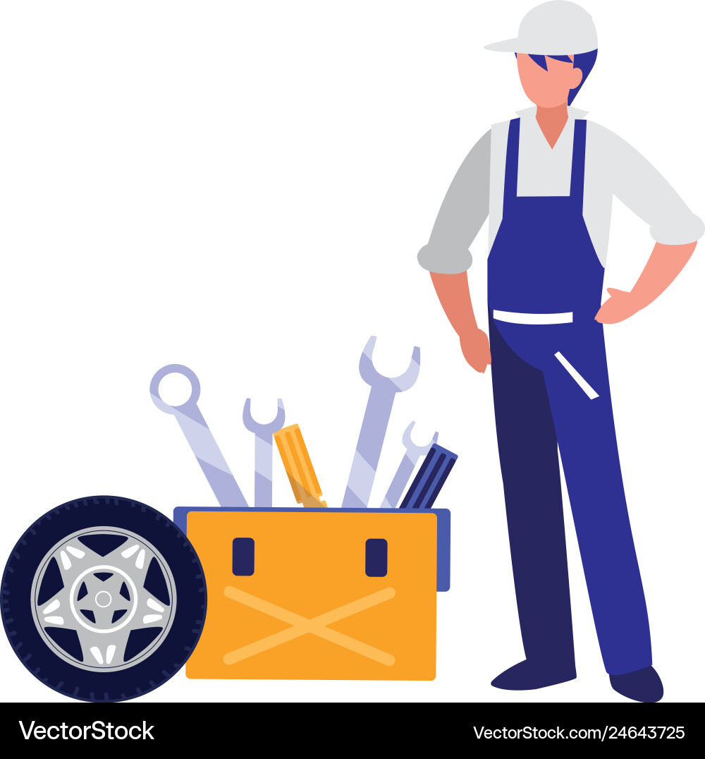 Mechanic worker with tire car and toolbox Vector Image
