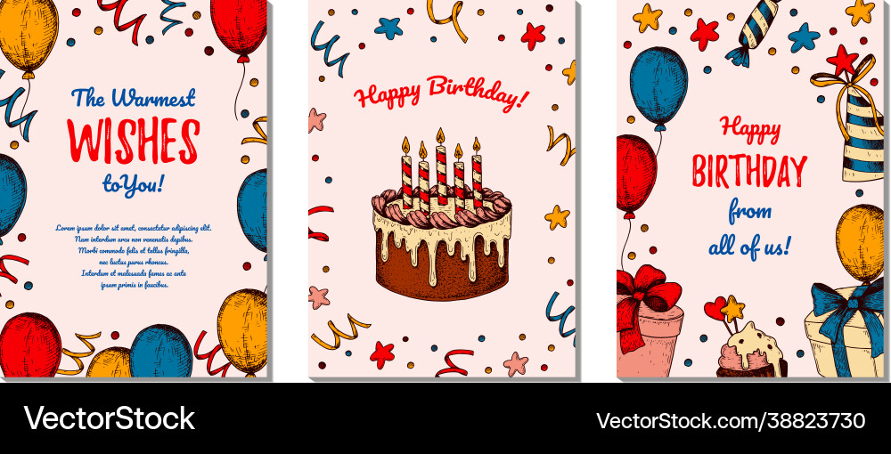 Set birthday greeting cards hand drawn Royalty Free Vector