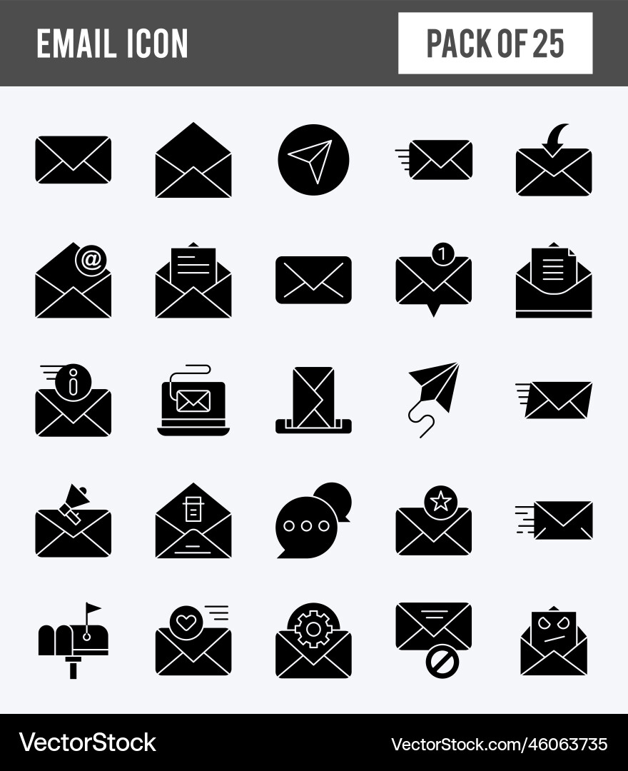 25 email glyph icon pack Royalty Free Vector Image