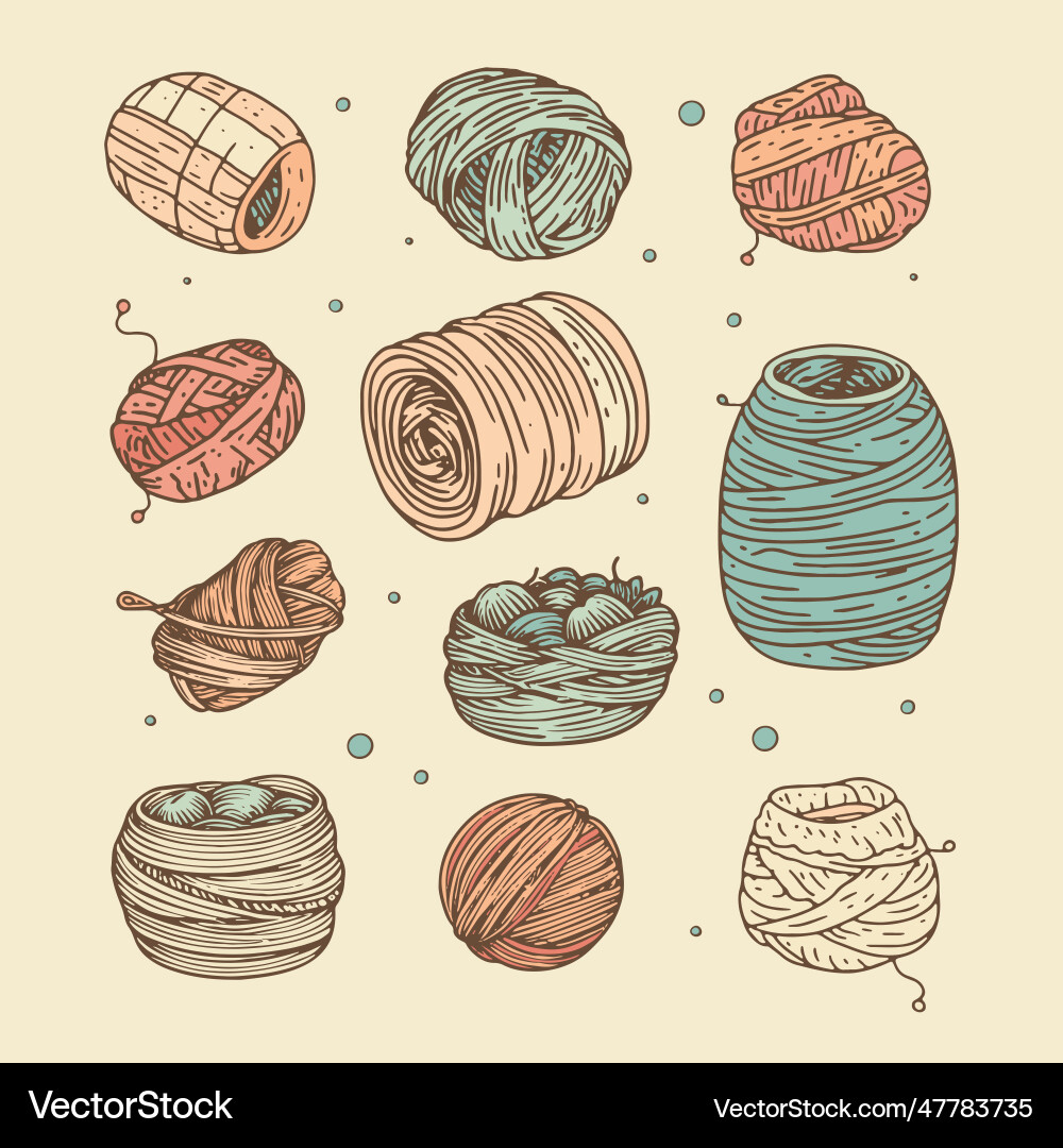 Yarn collection hand drawn wool clew skein set Vector Image