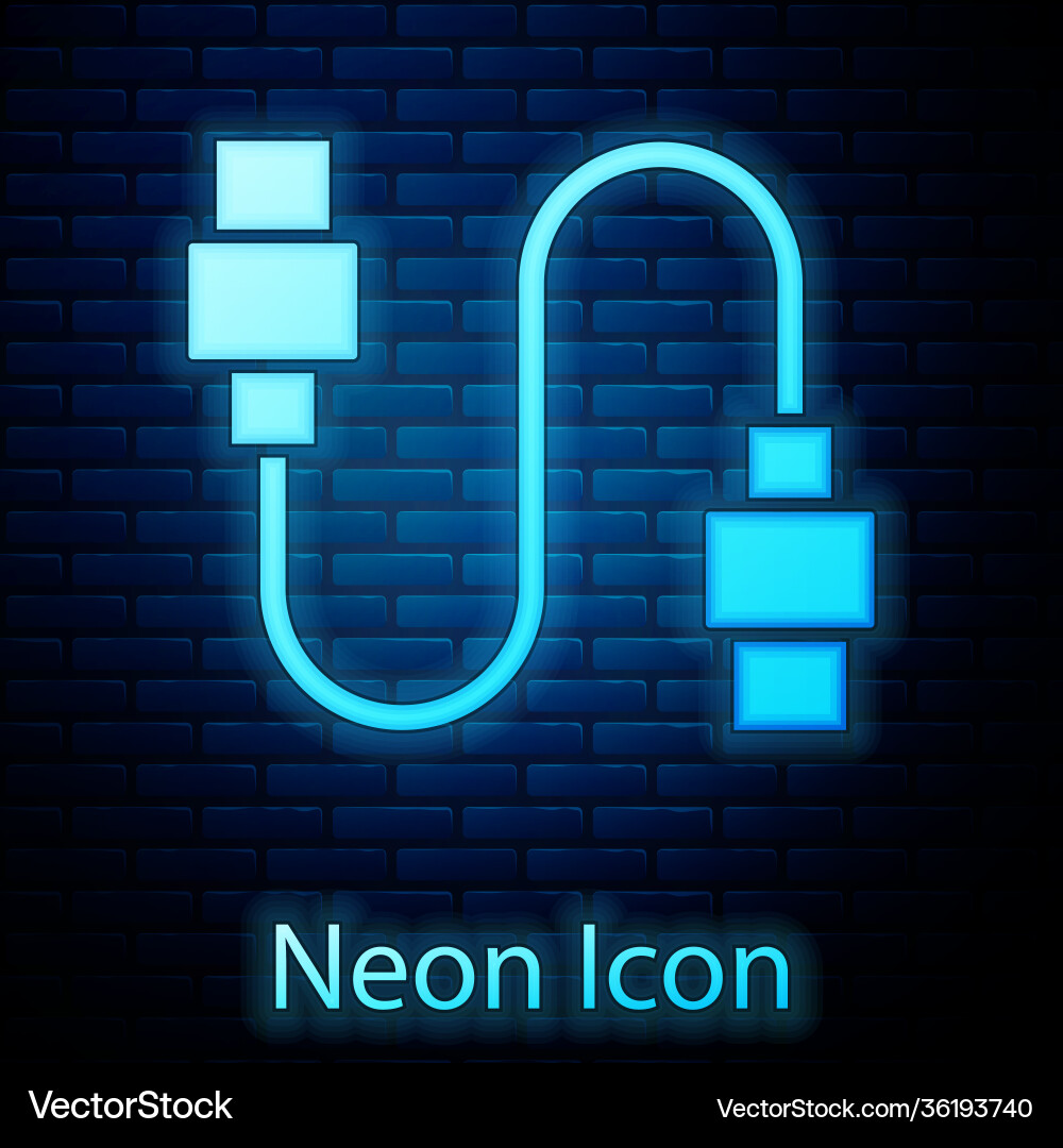 Glowing neon usb cable cord icon isolated on brick