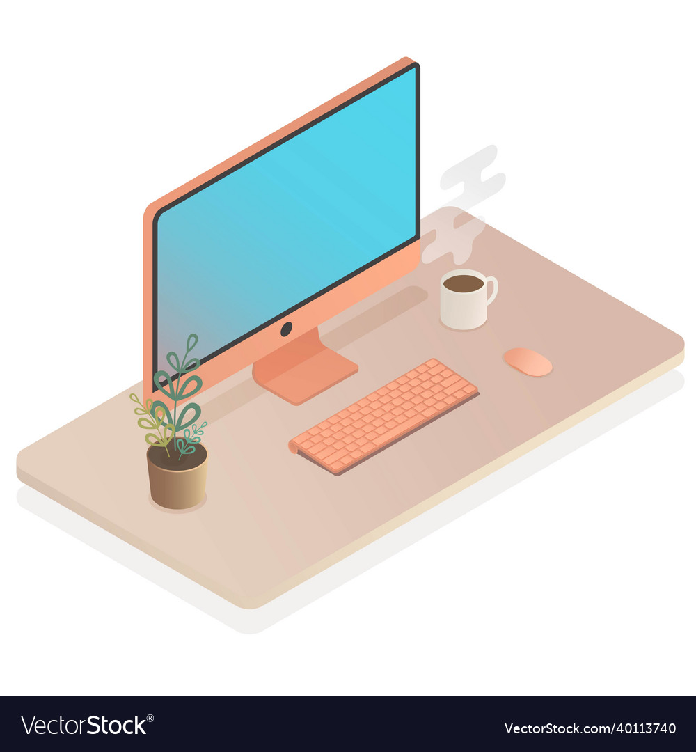 Isometric workspace computer monitor on table Vector Image