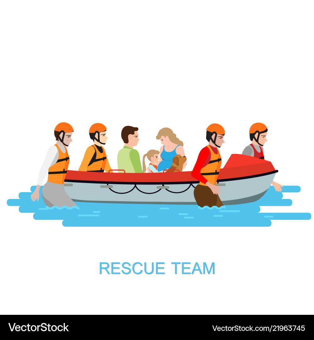 Boat rescue team helping people by pushing a Vector Image