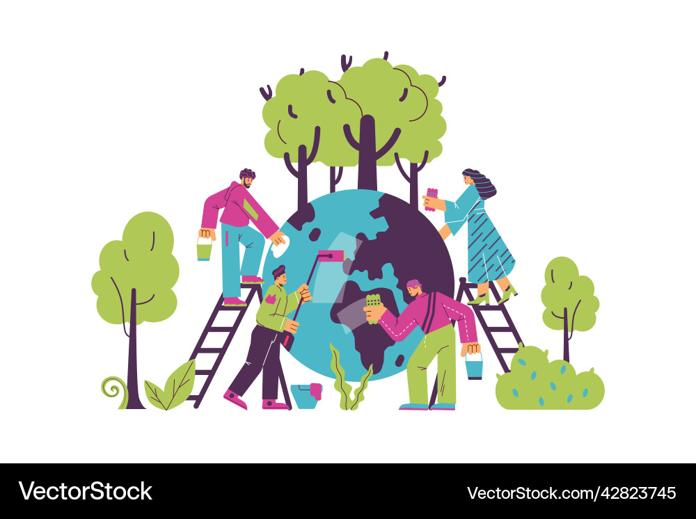 Climate change banner with people cleaning Vector Image