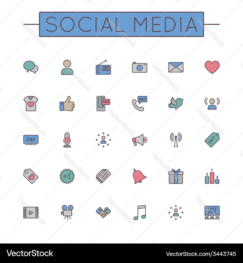 Colored social media line icons Royalty Free Vector Image