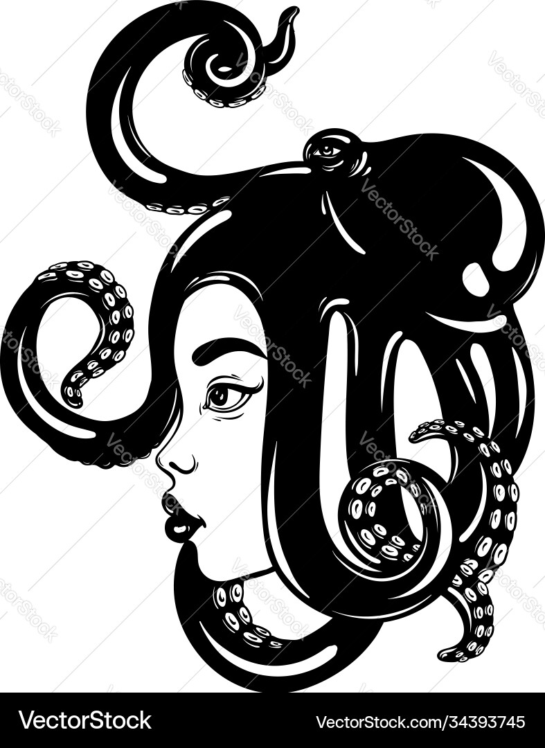 Hand drawn female profile with octopus on her Vector Image