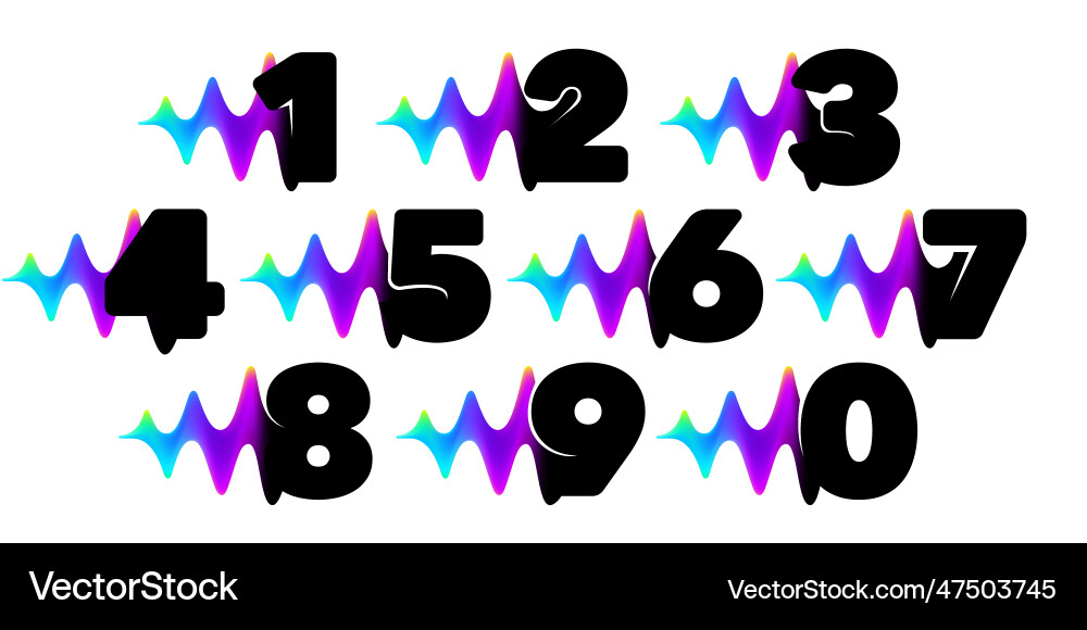 Numbers set with sound waves flow vibrant line Vector Image